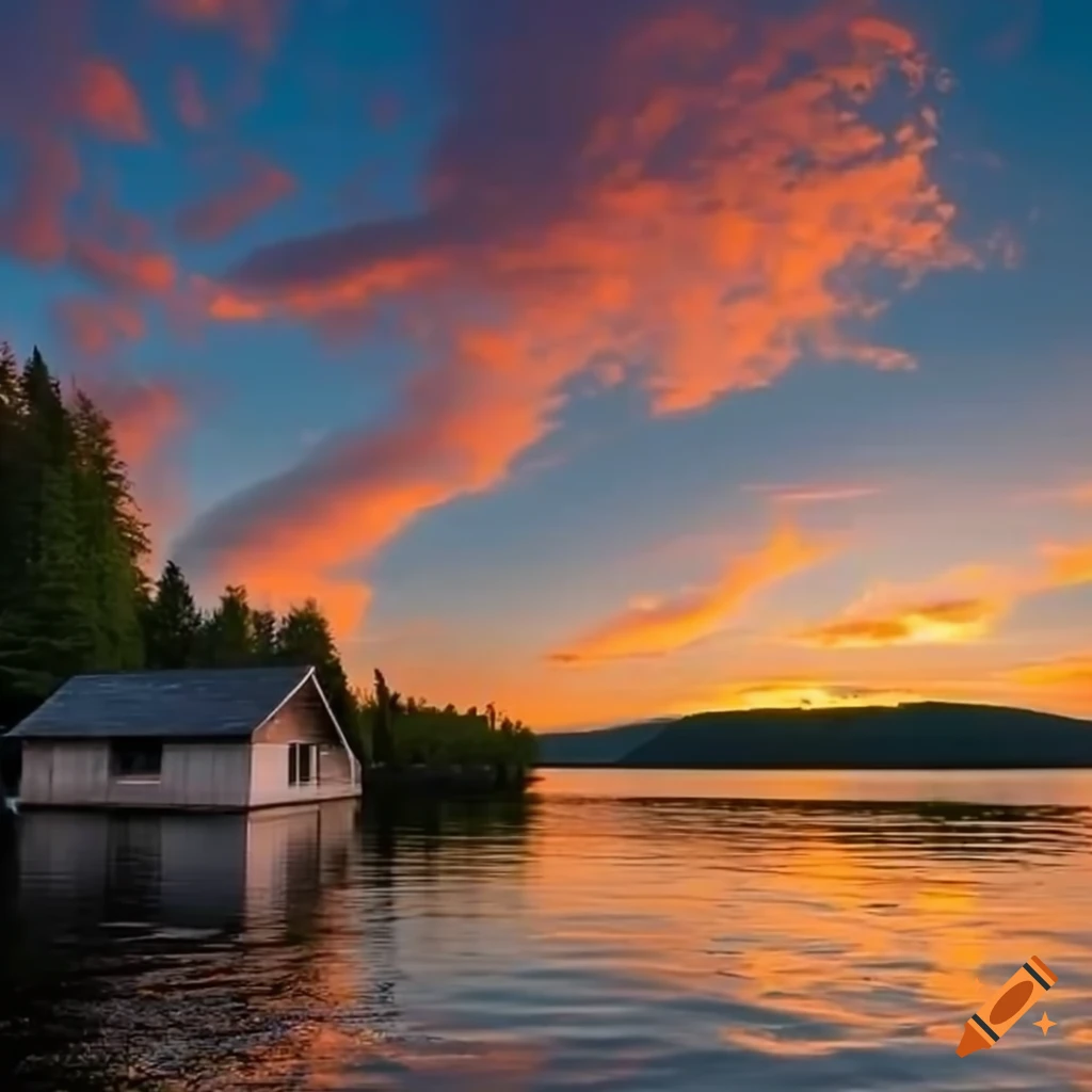 Sunset by the lake with a fisherman and cottage on Craiyon