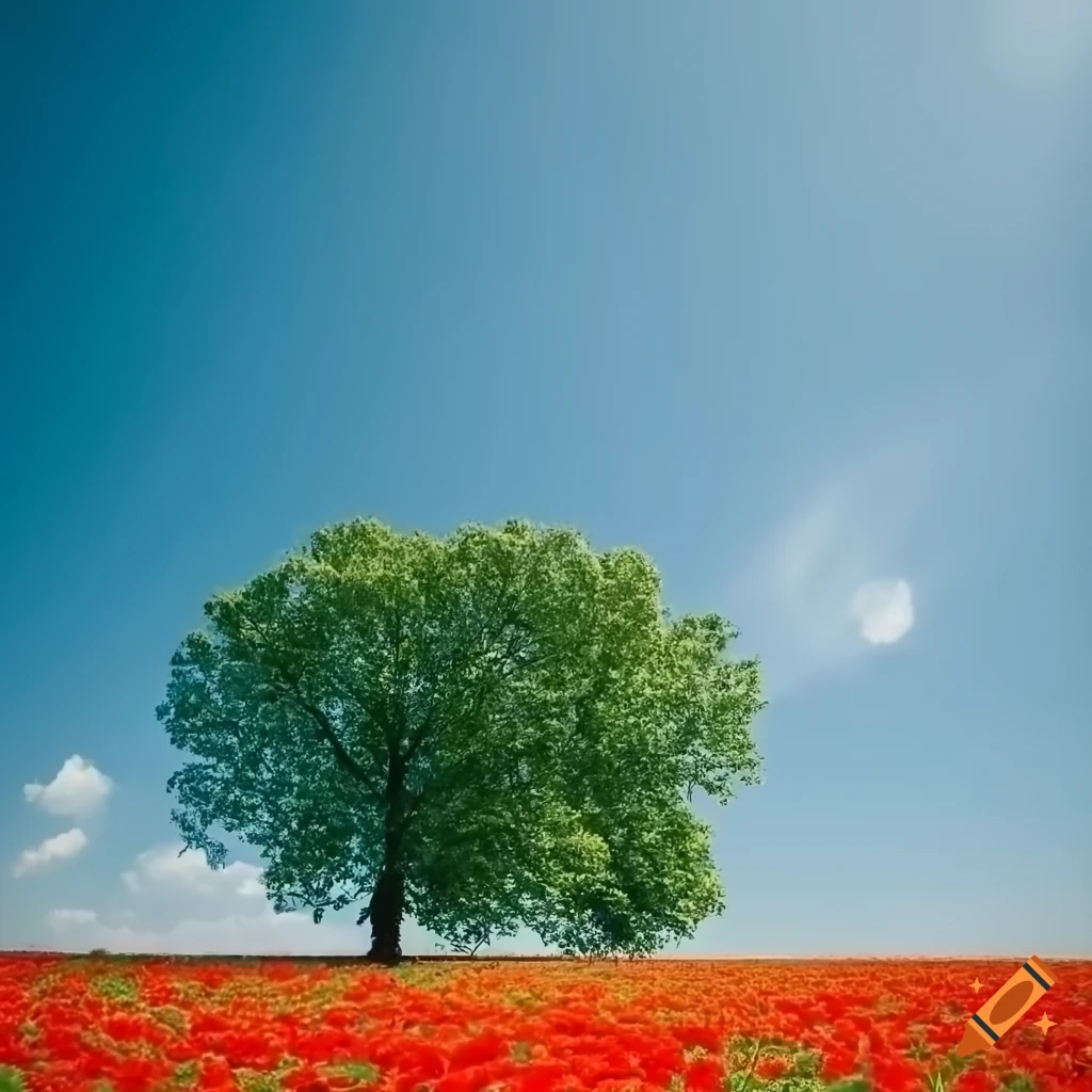 Field of poppies with a green tree under a blue sky