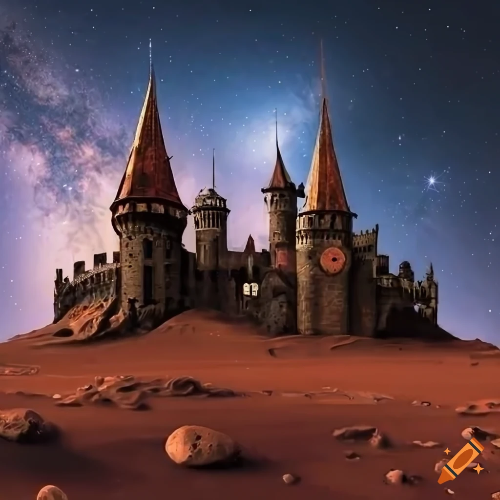 Steampunk castle on Mars with the Milky Way in the background on Craiyon