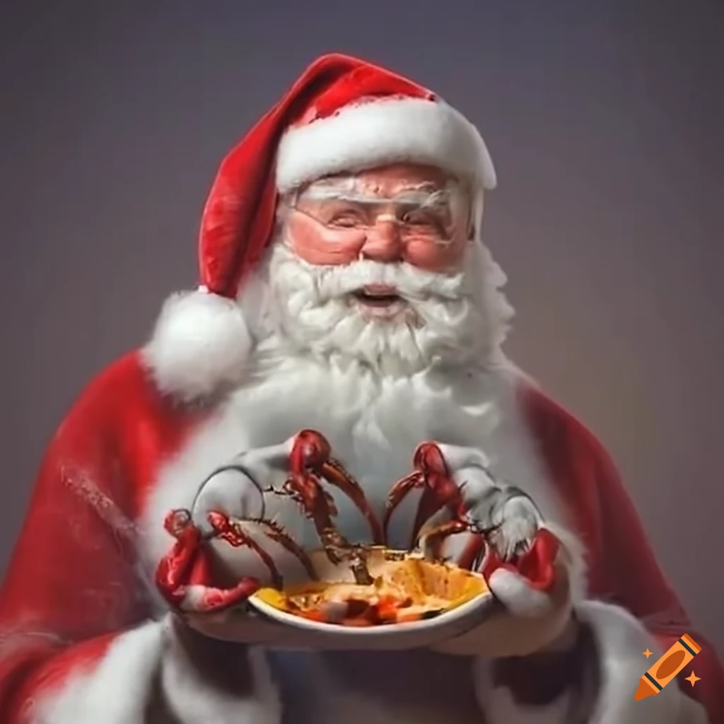 Santa claus enjoying a crab feast on christmas