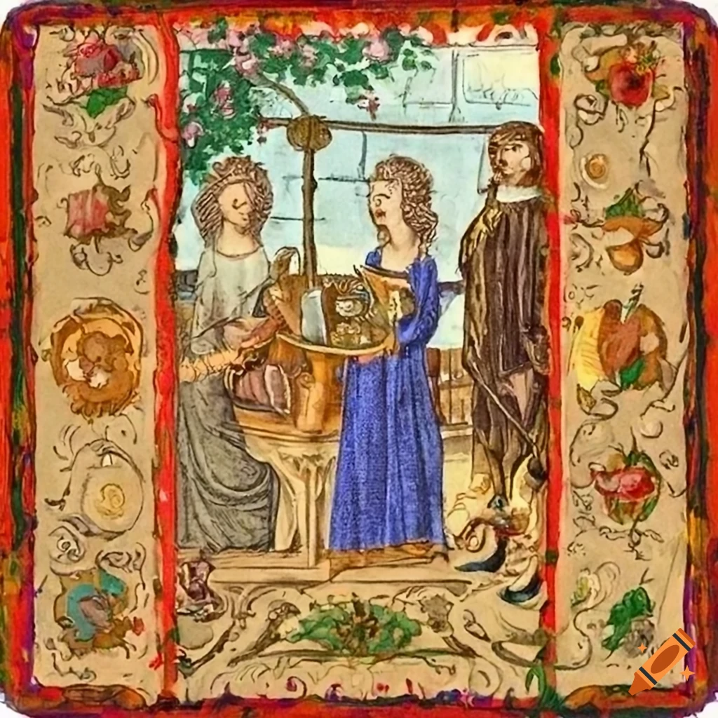 Colored pencil drawing of a festive medieval feast