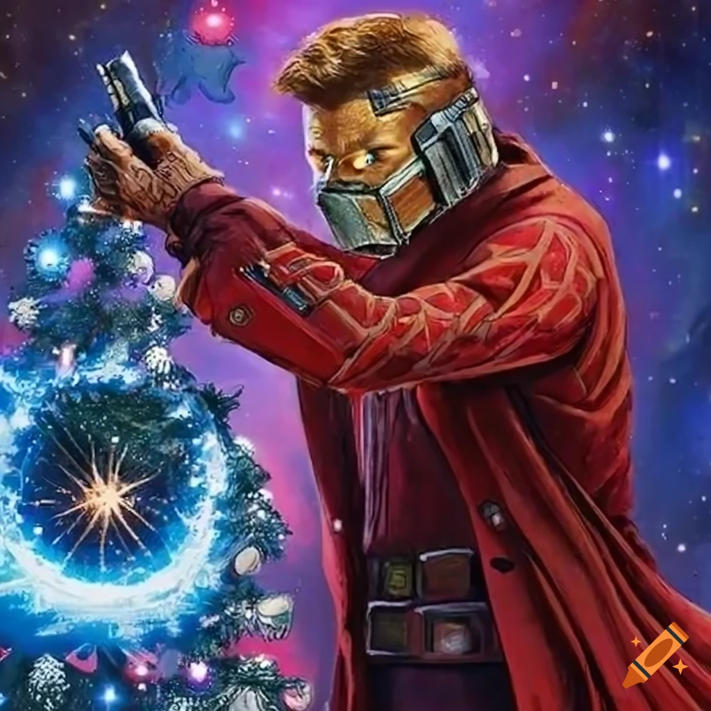 Star lord decorating a christmas tree