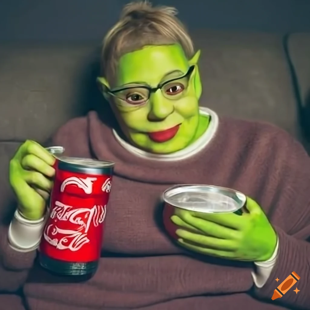 Humorous depiction of a female shrek drinking cola on Craiyon