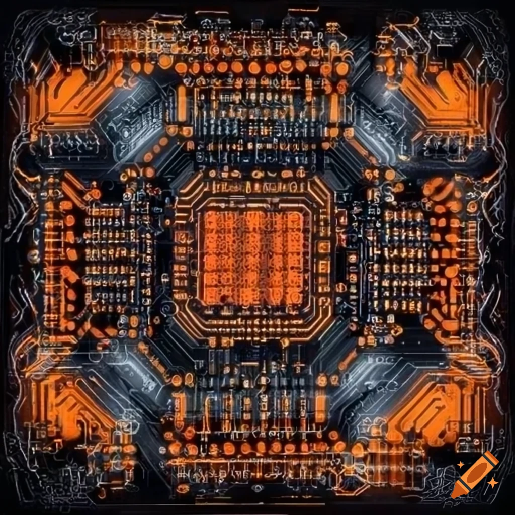 Glowing abstract artwork of black and orange circuit boards