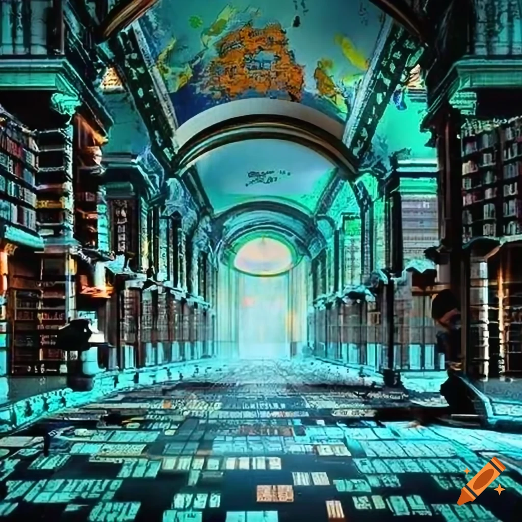 Magazine cover of a tranquil library with technological elements on Craiyon