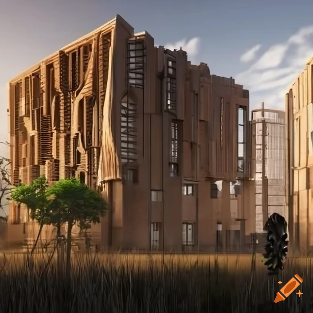 3d rendering of a biogenic building with mass timber and plants