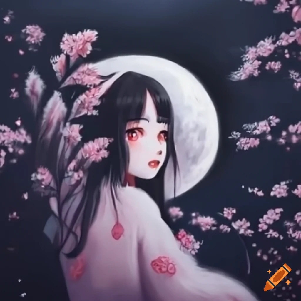 Anime girl and a fox standing in a sakura field under a red moon