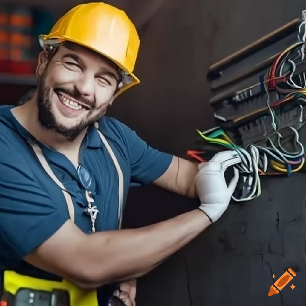 Happy electrician fixing a wiring