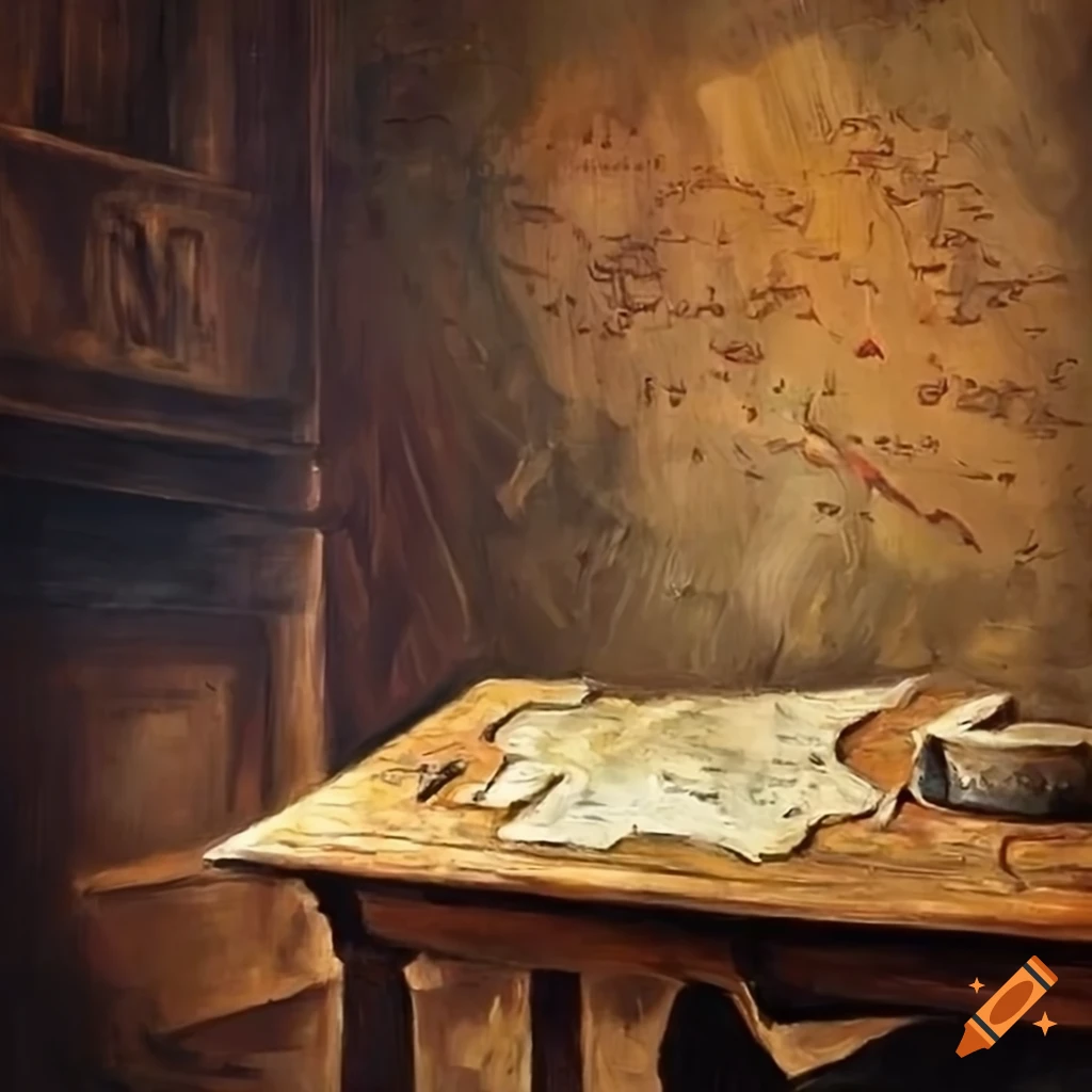 Oil painting of a medieval wooden table with a city map on Craiyon