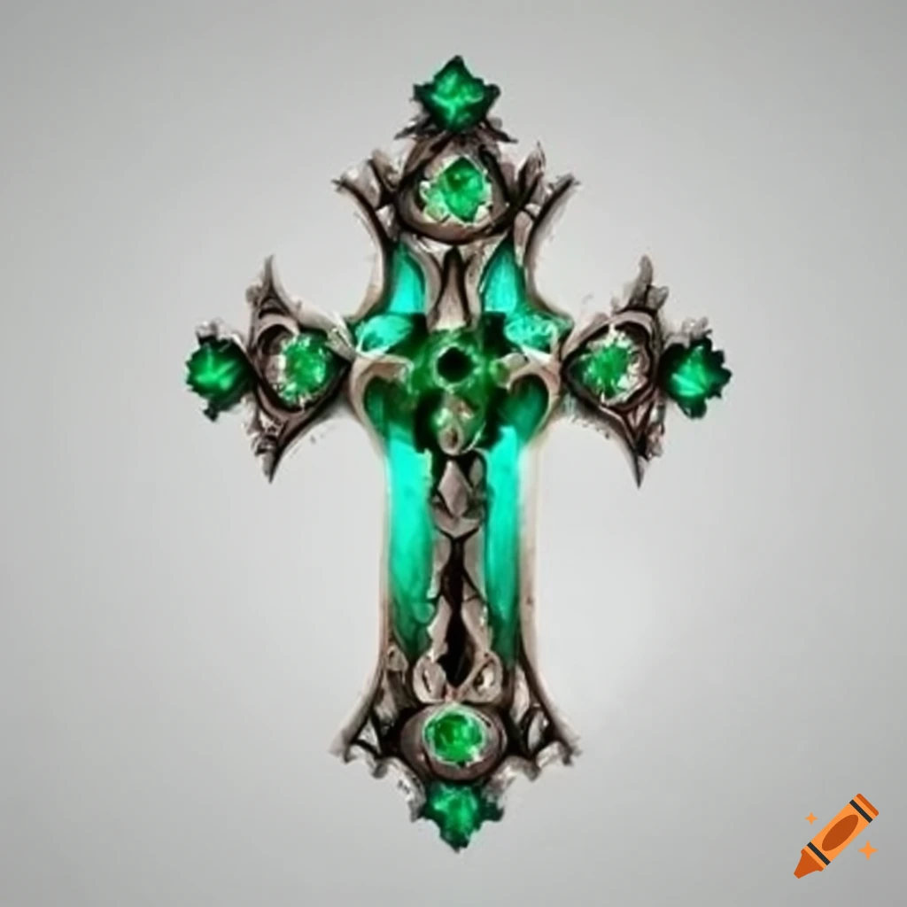Silver gothic cross with emerald stones on Craiyon