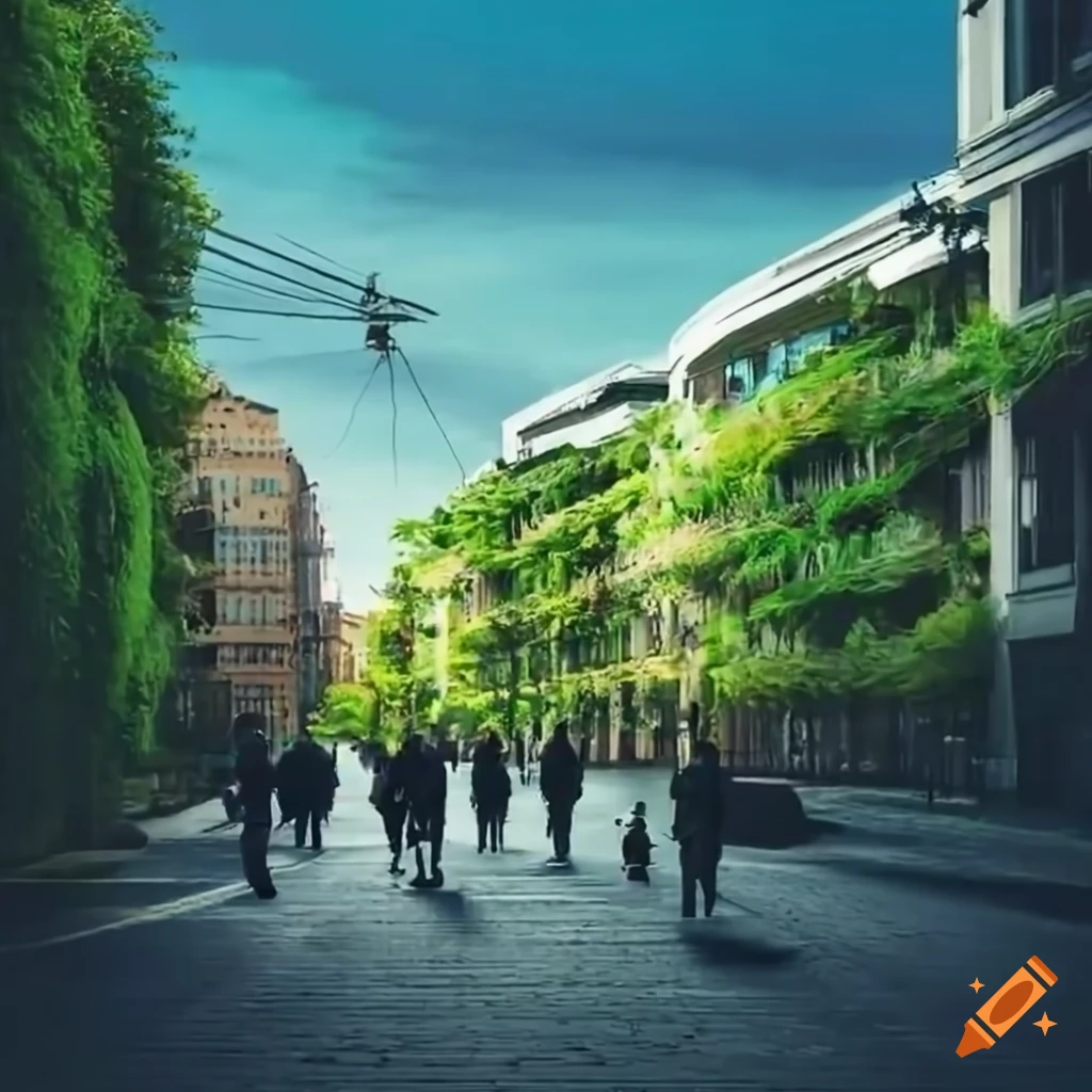 Solarpunk street with greenery on a sunny day on Craiyon