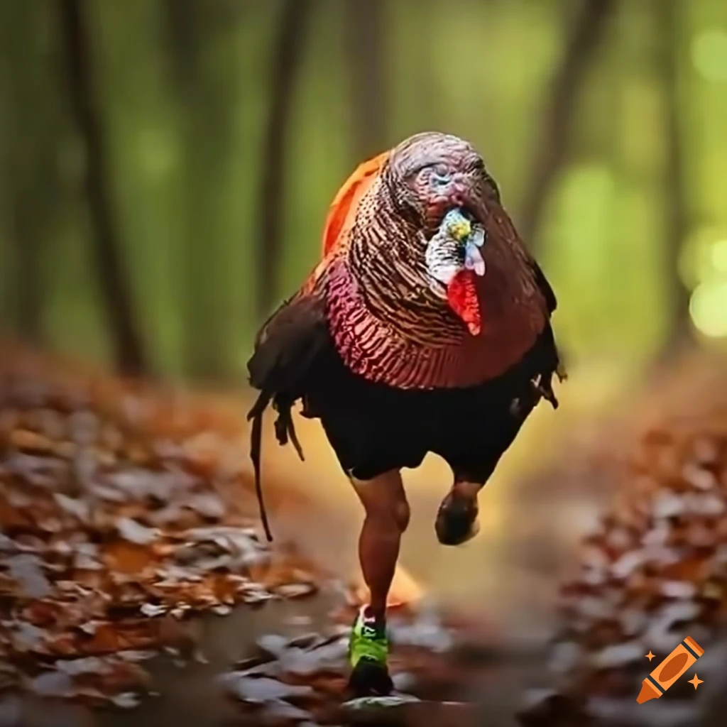 Trail runners chasing a turkey on Craiyon