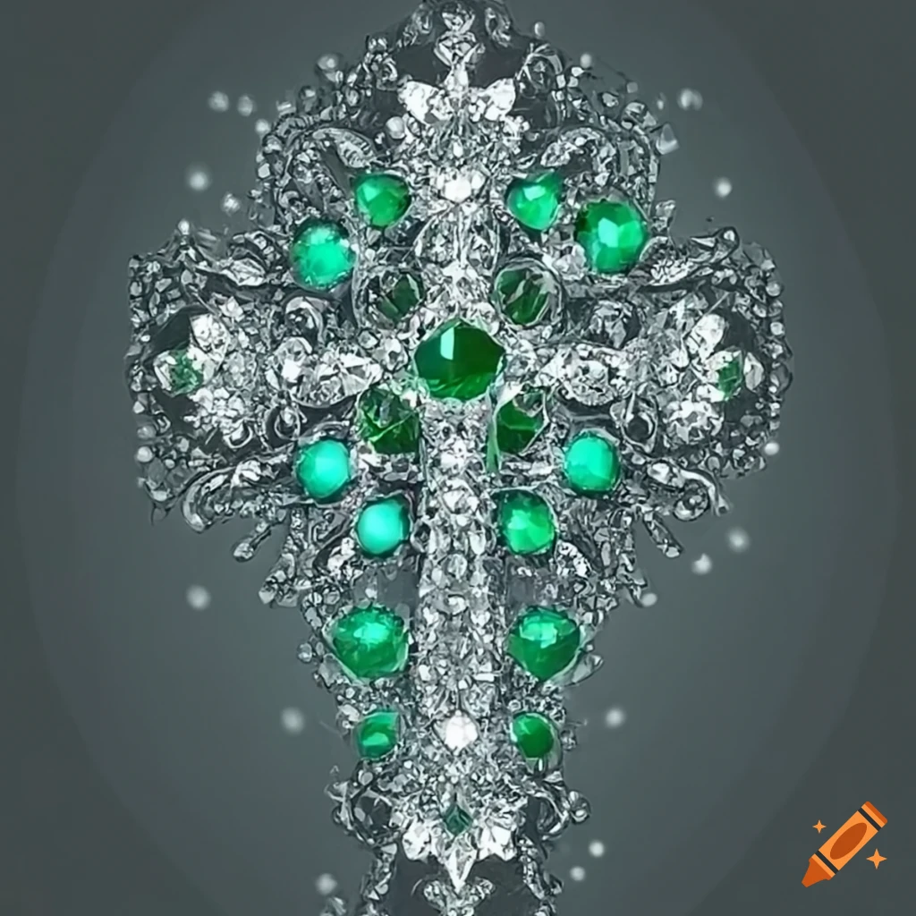 Silver gothic cross with emerald stones on Craiyon