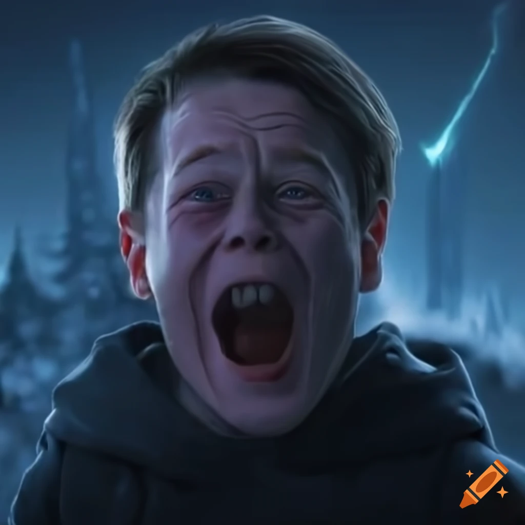 Kevin from home alone screaming in a futuristic winter landscape