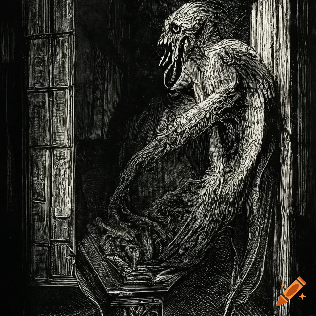 Eerie engraving of a dark creature behind an elegant man in a room on ...
