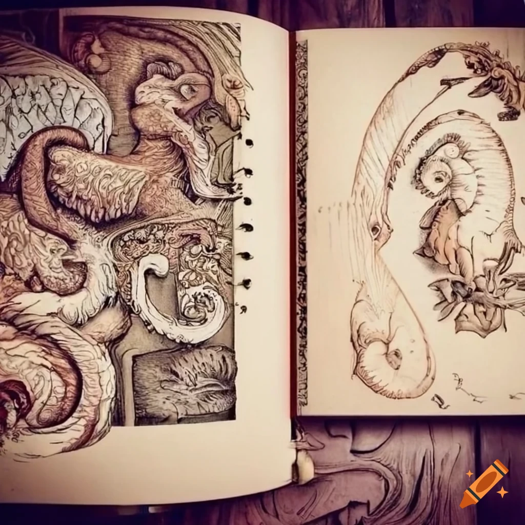 Mythical creatures and symbols in an intricate journal page