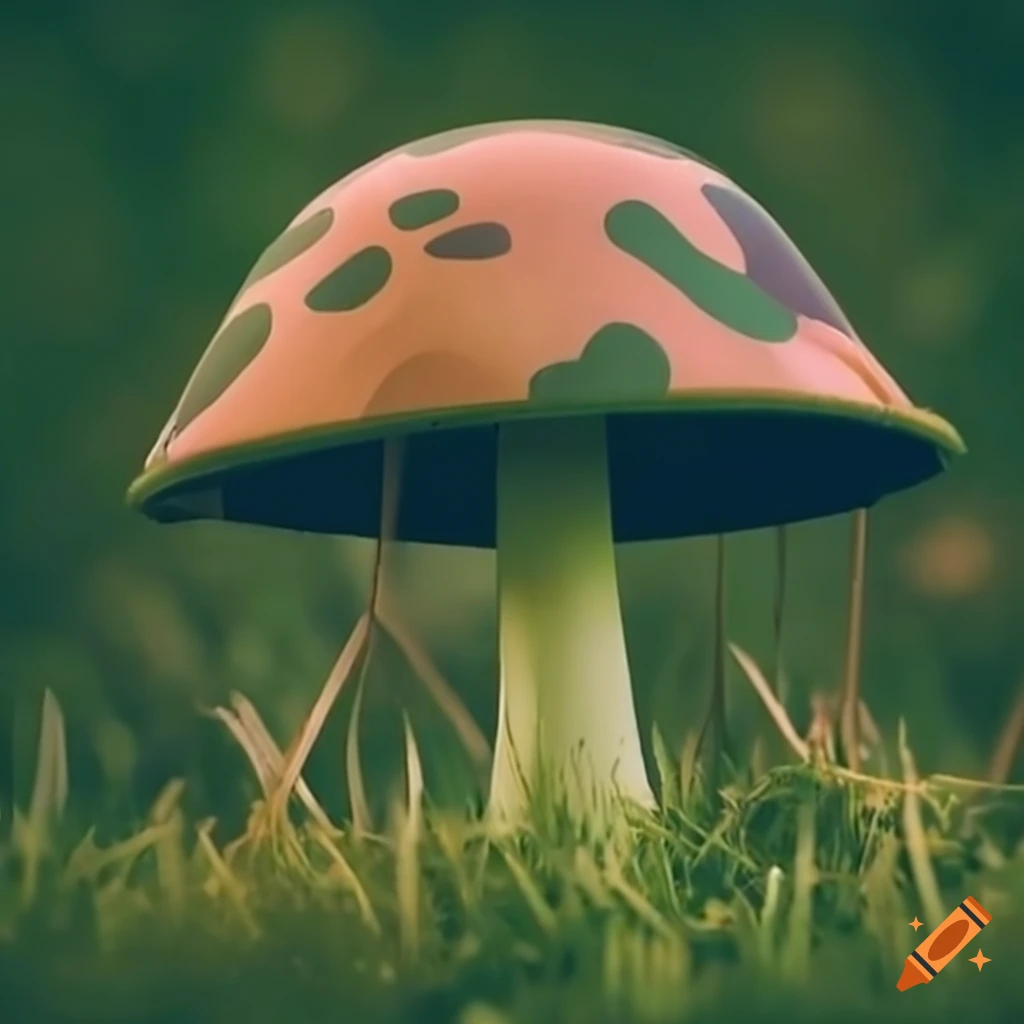 Camouflage soldier helmet on mushroom in a grassy field