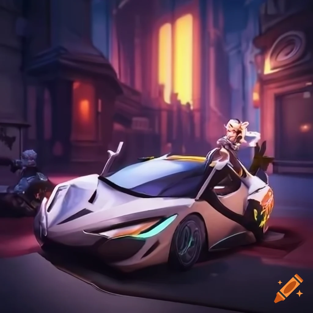 Mercy from overwatch leaning on a sports car