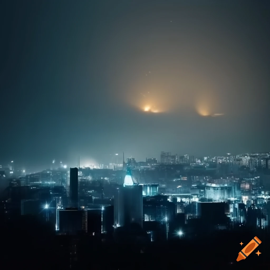 Night view of a city covered in smog and glowing lights