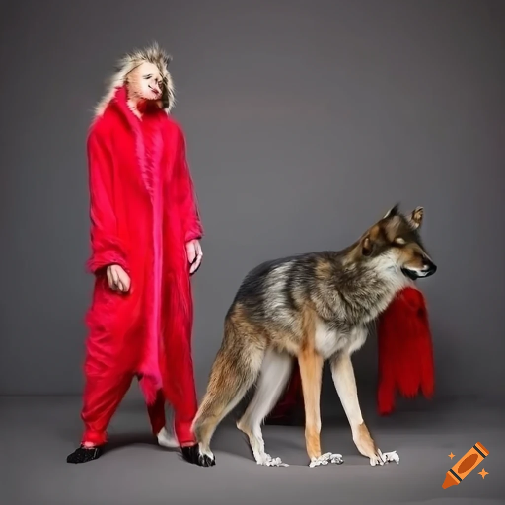 Wolf in a red onesie with a model in a fluffy dressing gown on Craiyon