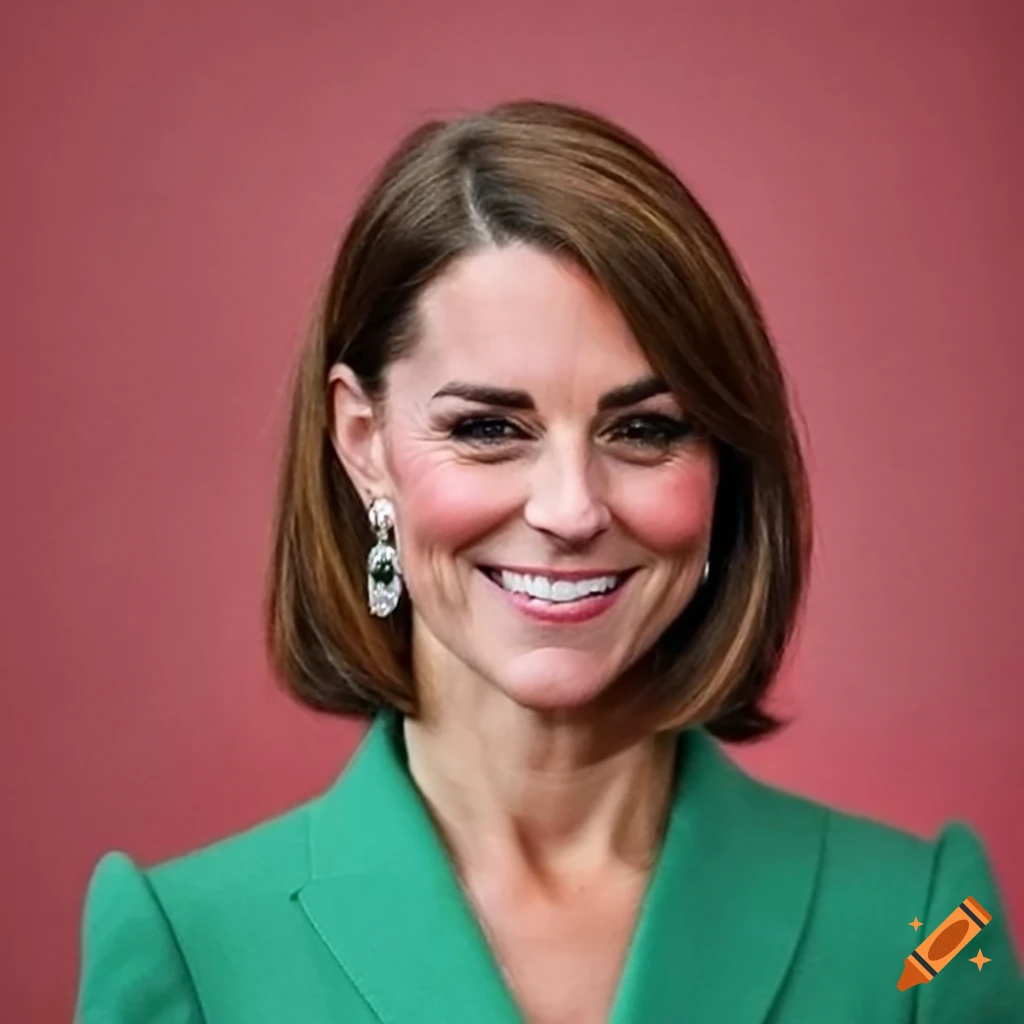 Kate Middleton with straight bob haircut and green blouse on Craiyon