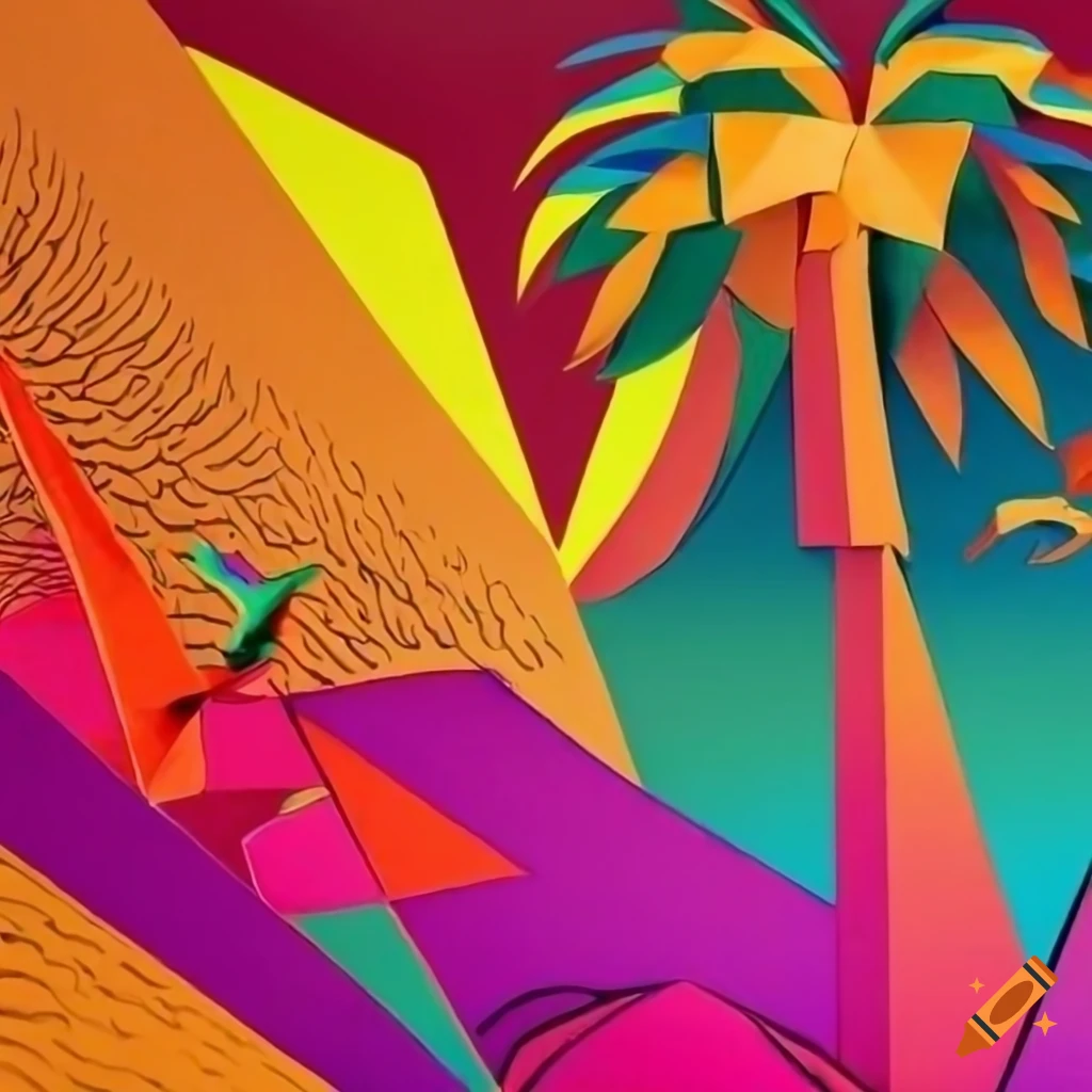 Abstract tropical landscape with flying parrots on Craiyon