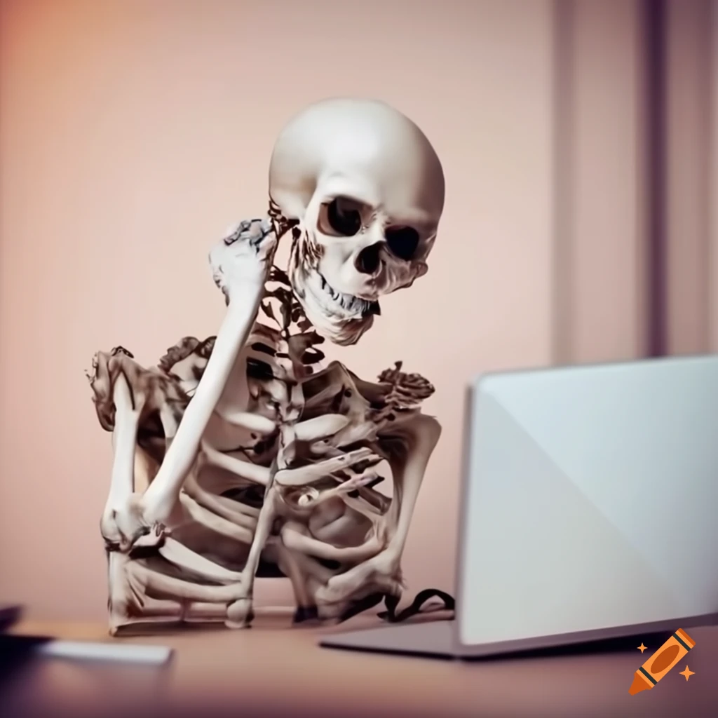 Skeleton working on computer in home office