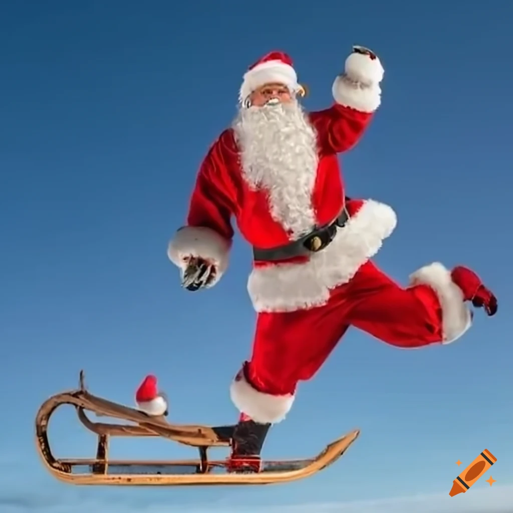 Satirical image of emmanuel macron as santa claus playing golf on a ski ...