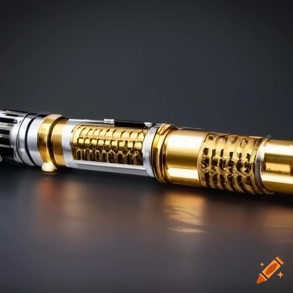 Exquisite gunmetal-golden lightsaber hilt with platinum etchings on Craiyon