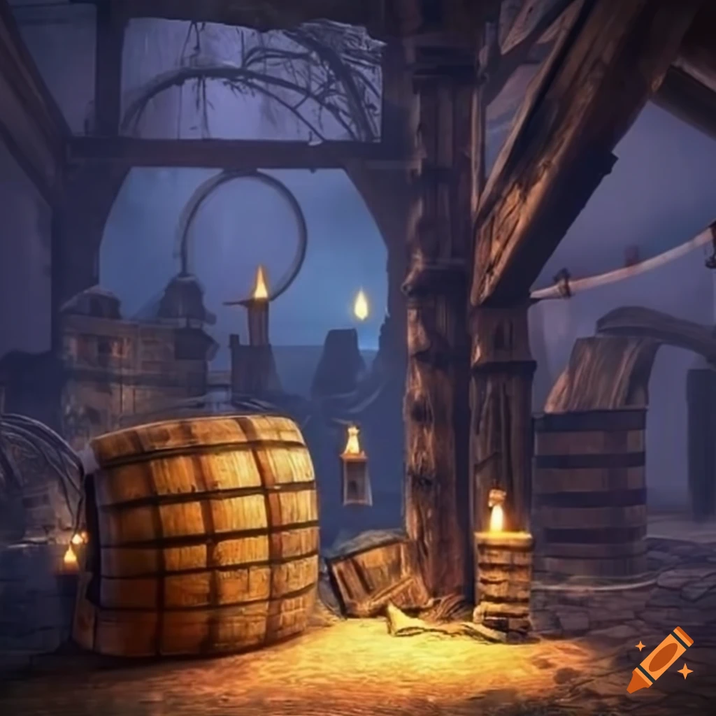 Image of a dimly lit fantasy warehouse filled with crates and barrels ...
