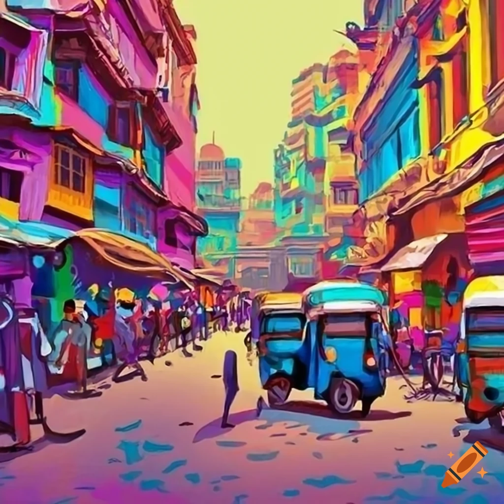 Colorful illustration of a bustling Indian street on Craiyon