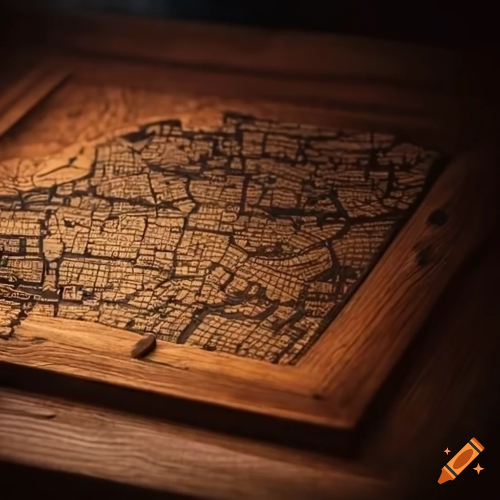 Close up of a wooden table with a city-map on Craiyon