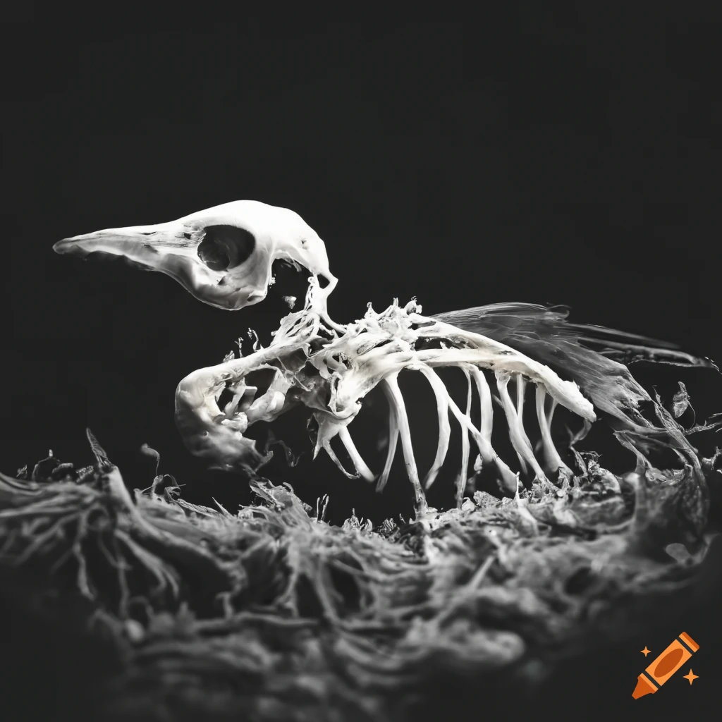 Monochrome photo of a bird skeleton in moss on Craiyon