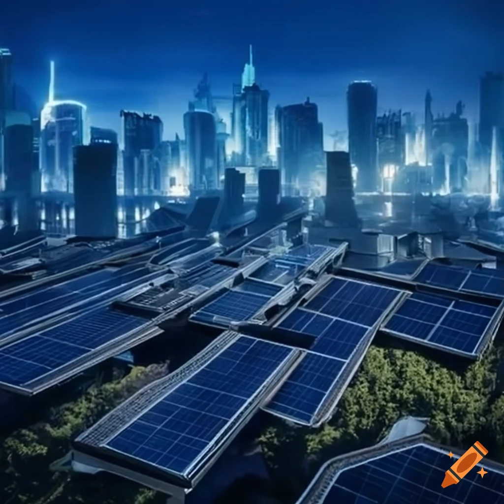 Futuristic city with rooftop solar panels on Craiyon