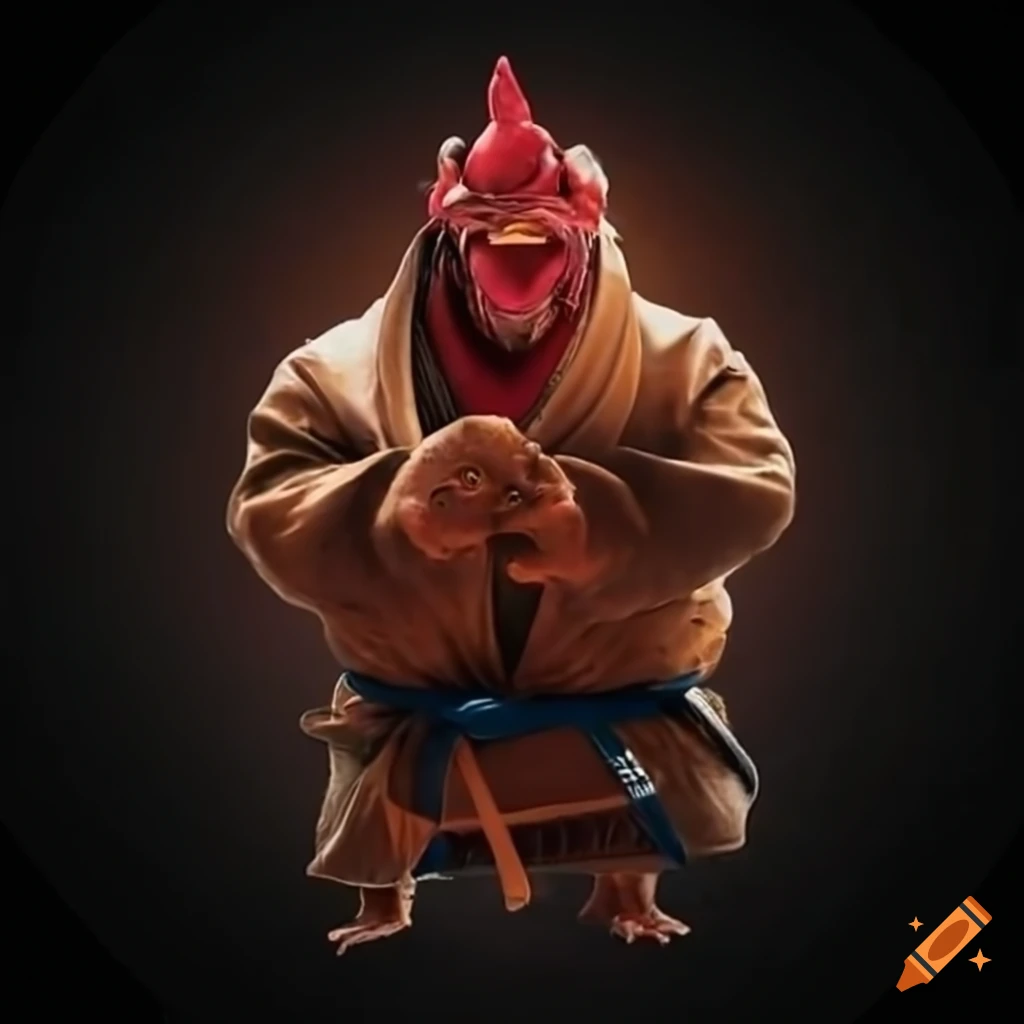 Illustration of a chicken practicing jiu jitsu on Craiyon