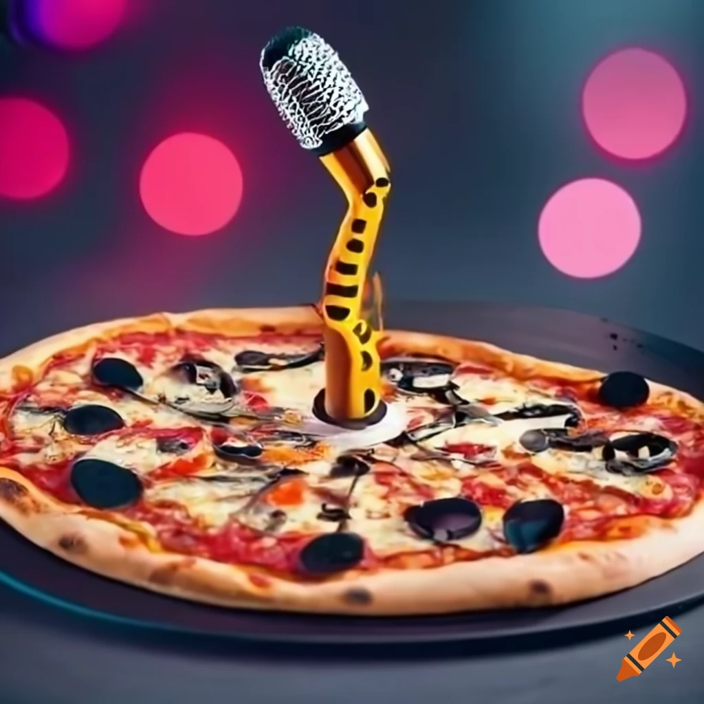 Pizza with music-themed toppings and a microphone centerpiece on Craiyon