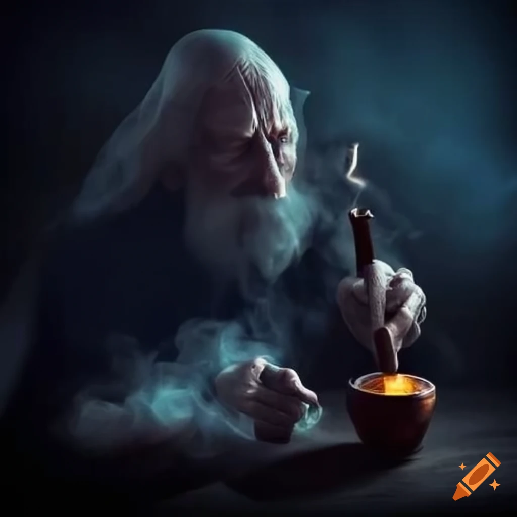 Wizard in a dark fantasy world smoking a pipe