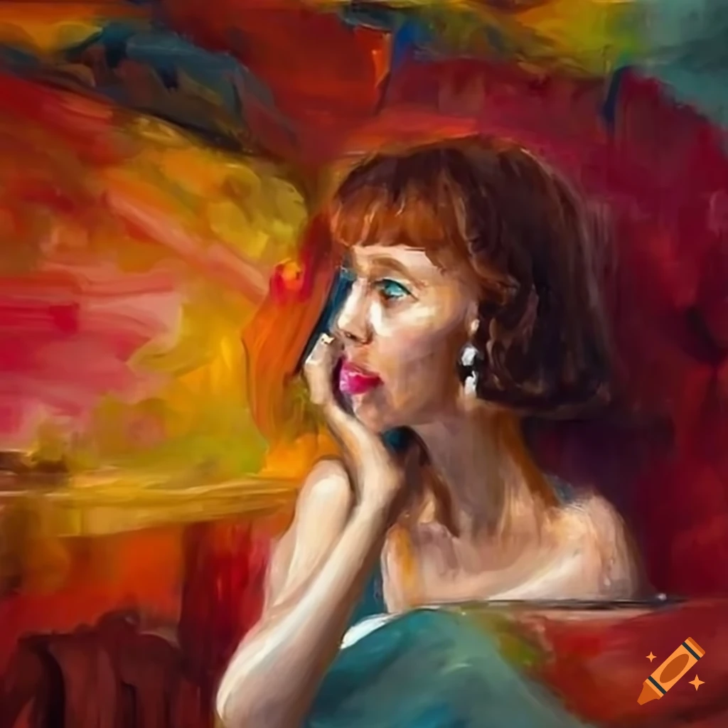 Abstract oil painting of a woman talking on the phone in a living room