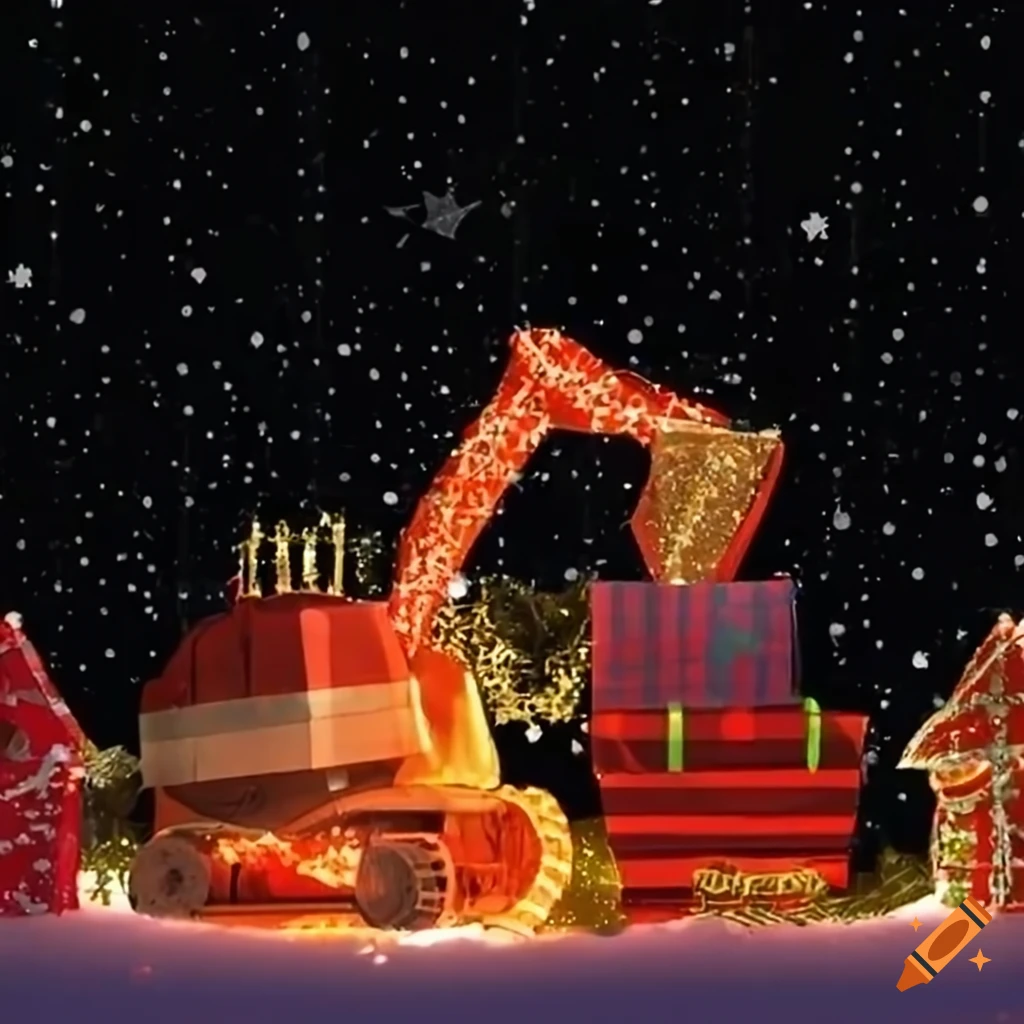 Construction excavator with Christmas lights in winter wonderland on ...