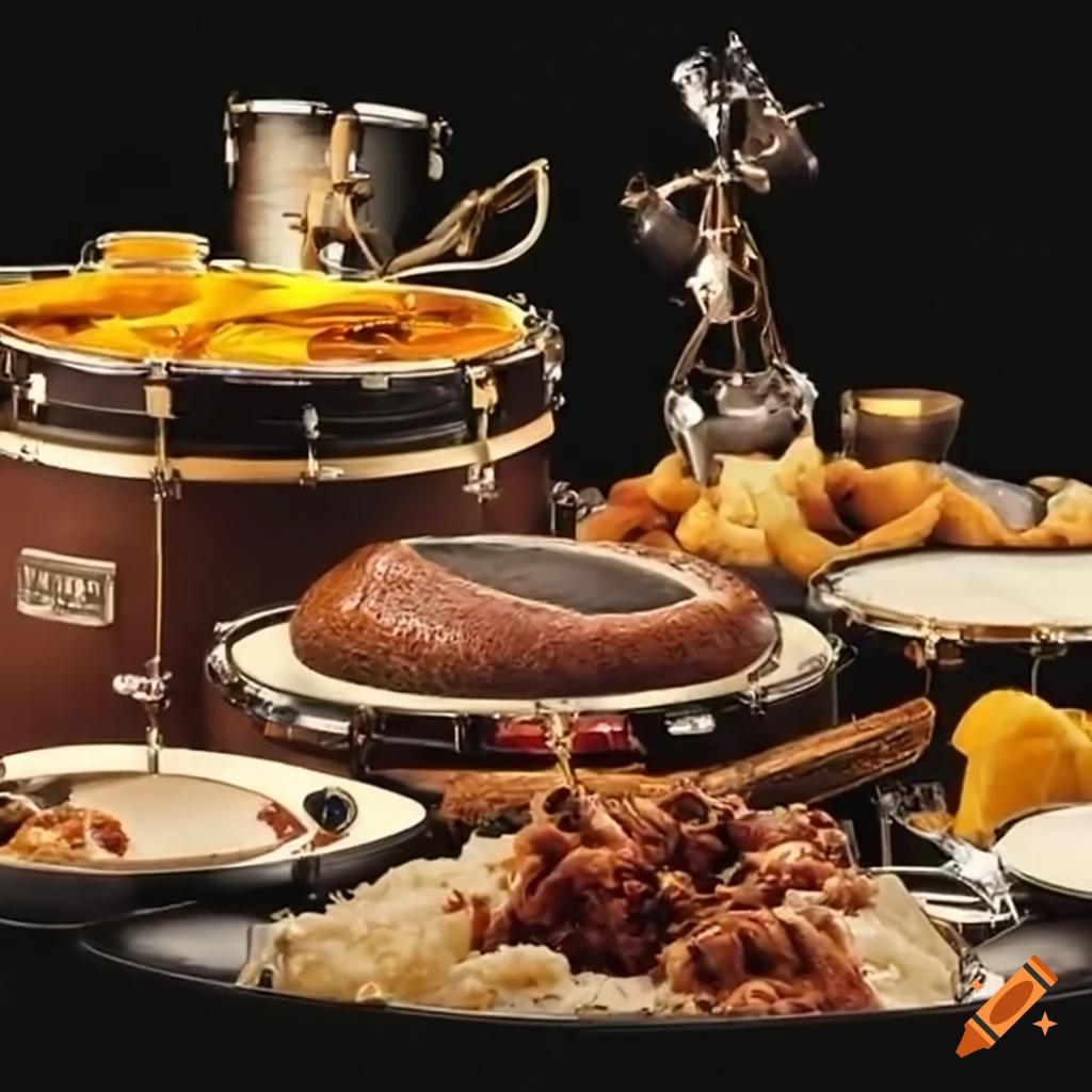 Food arranged on a drum set