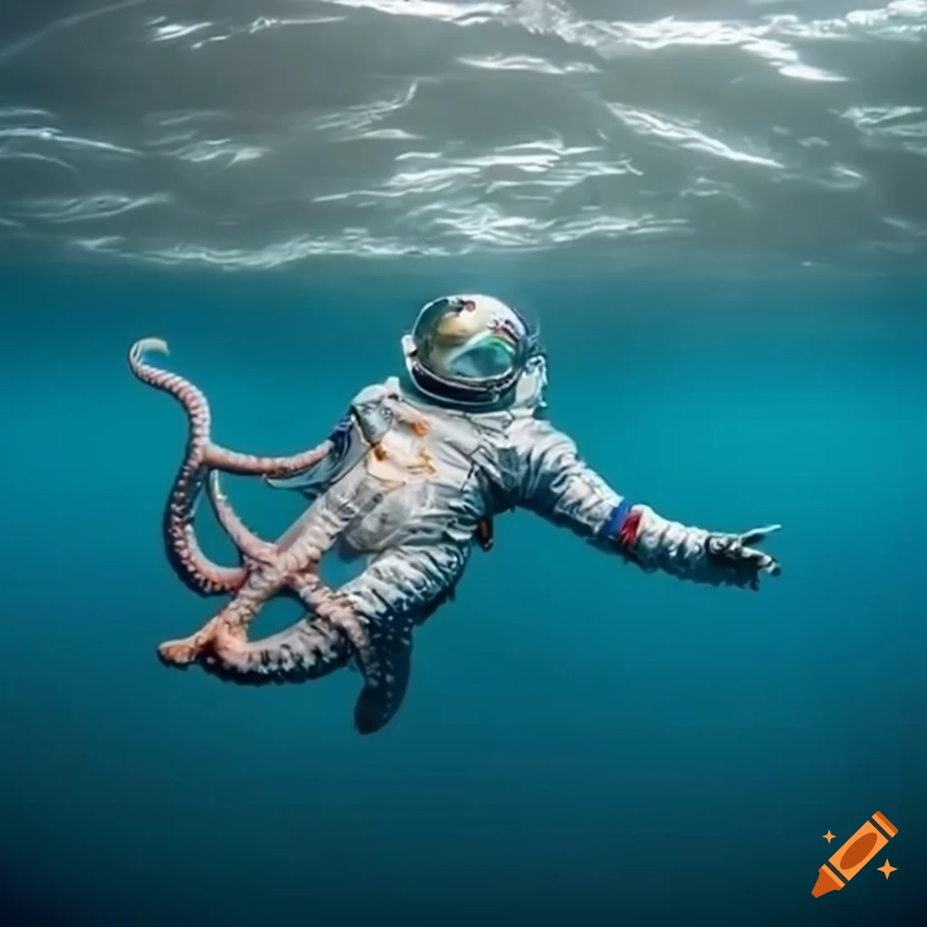 Image of a man in a space suit encountering a giant octopus