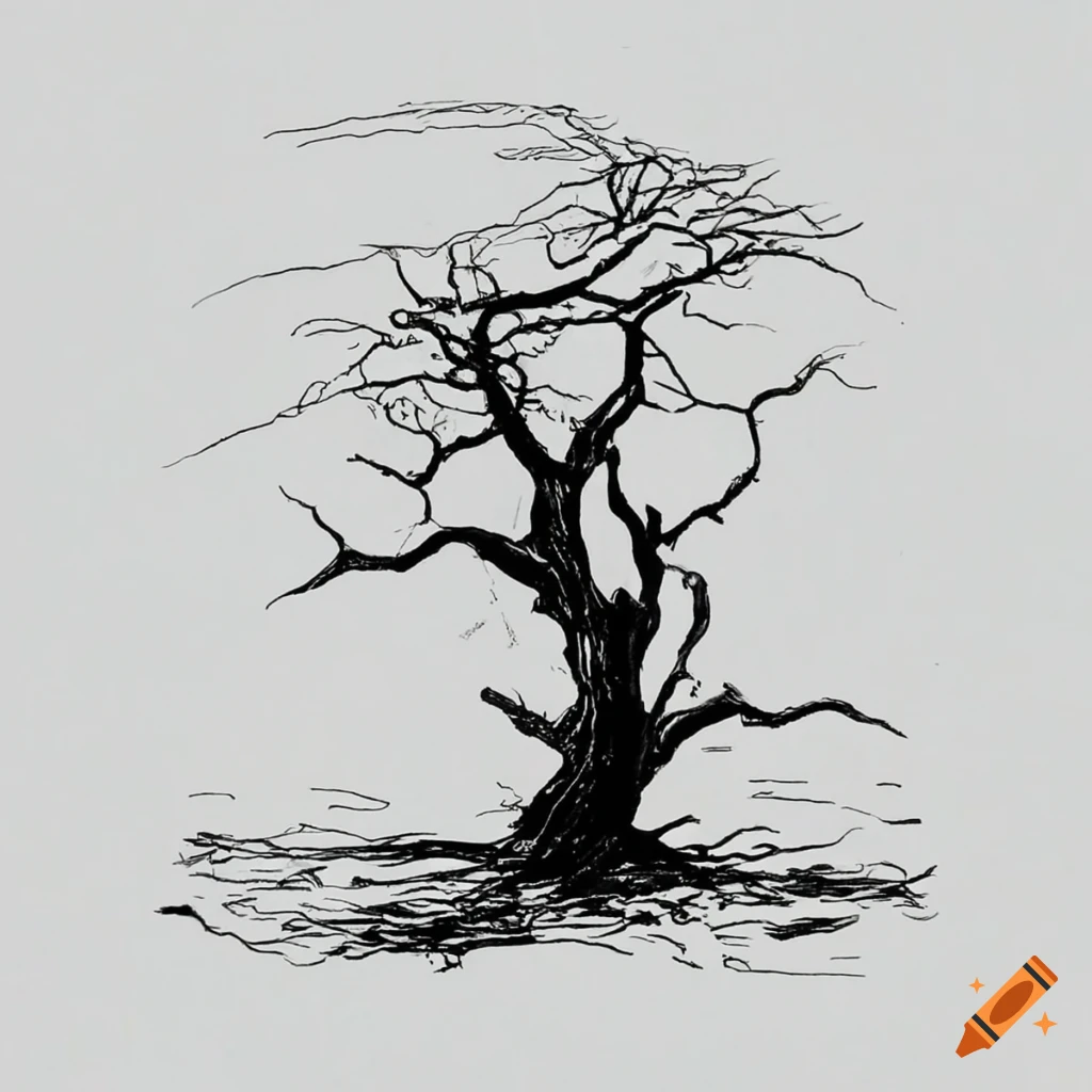 Black and white ink drawing of a split dead tree