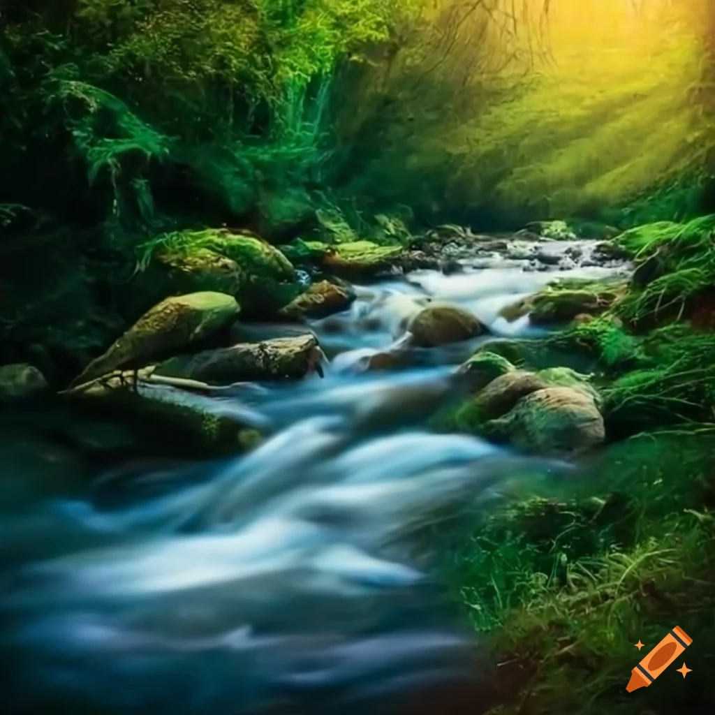 Scenic river with fish jumping and rocks flowing into the ocean on Craiyon