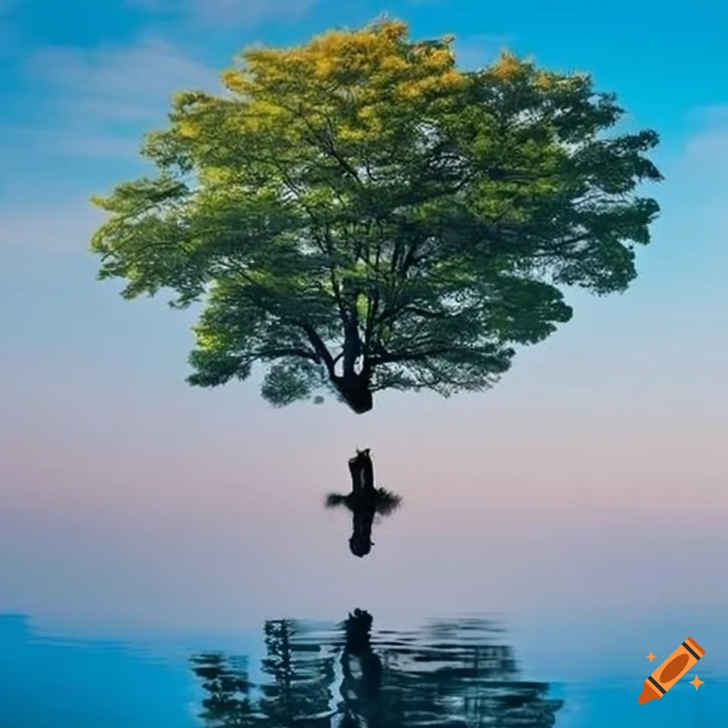 Tree reaching towards the sky with its reflection on Craiyon
