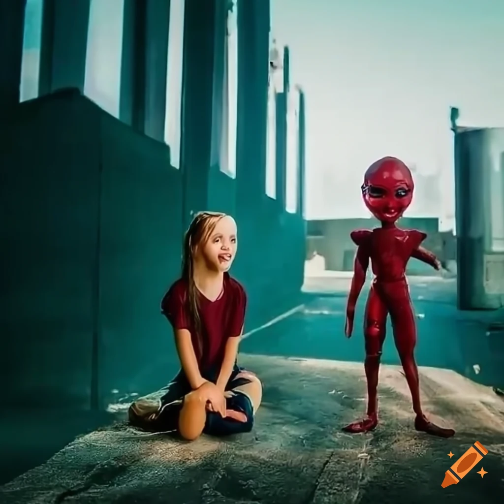 Children playing with alien doll figurines in a futuristic setting on ...