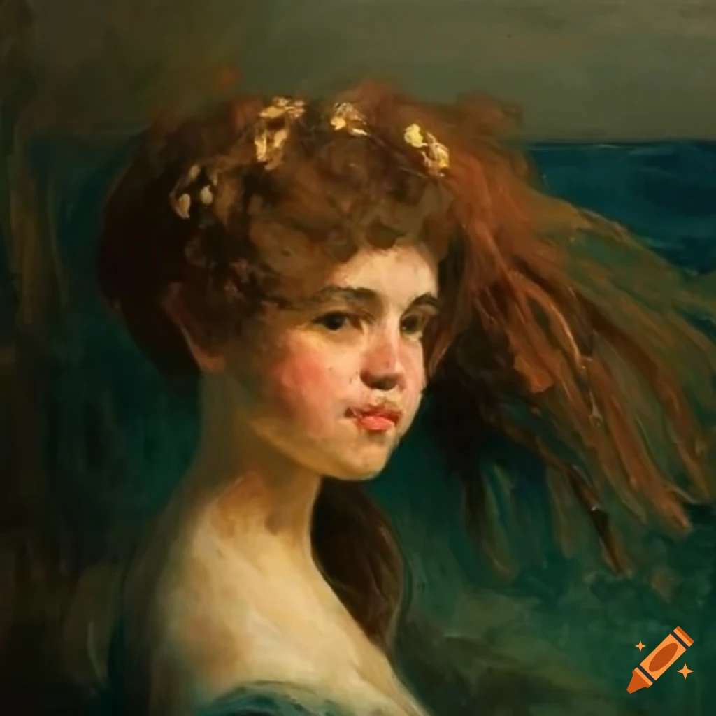 Impressionistic painting of a girl with fluttering hair by the sea on ...