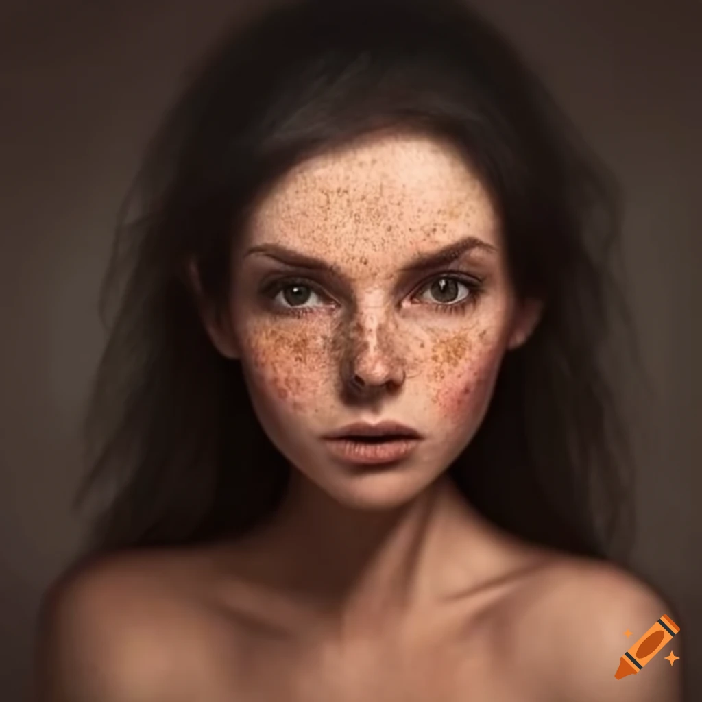 Close-up of a brunette woman with freckles and dark brown eyes on Craiyon