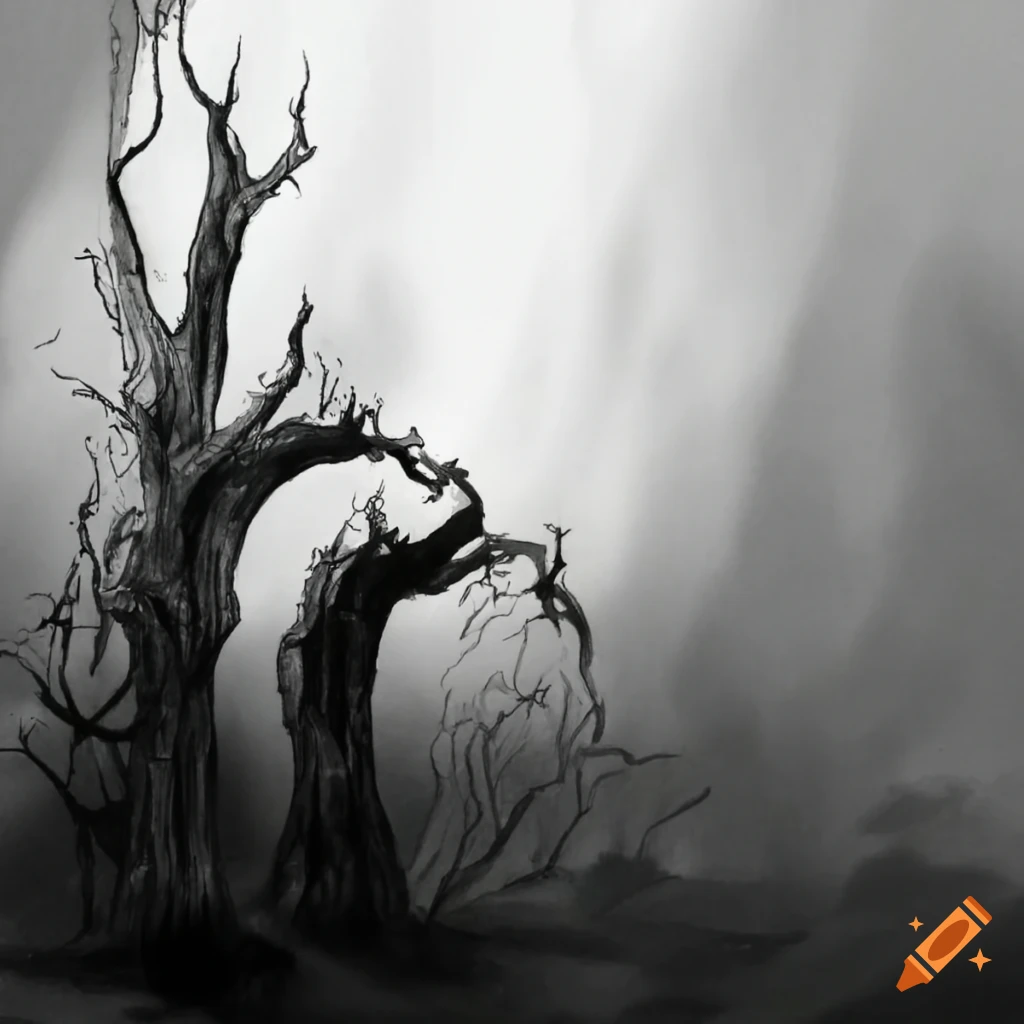 Black and white ink drawing of a split dead tree on Craiyon
