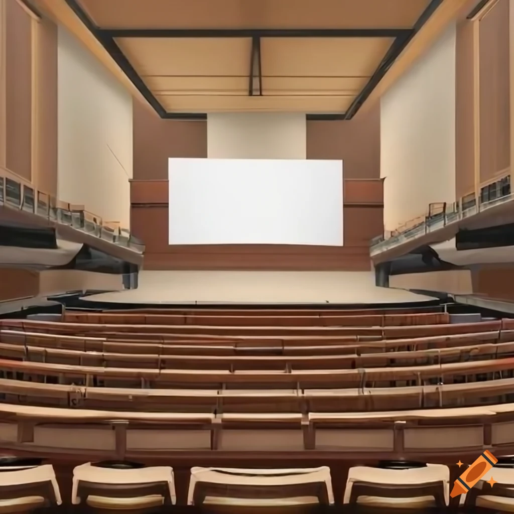 Lecture hall with tiered seating and projector screen on Craiyon
