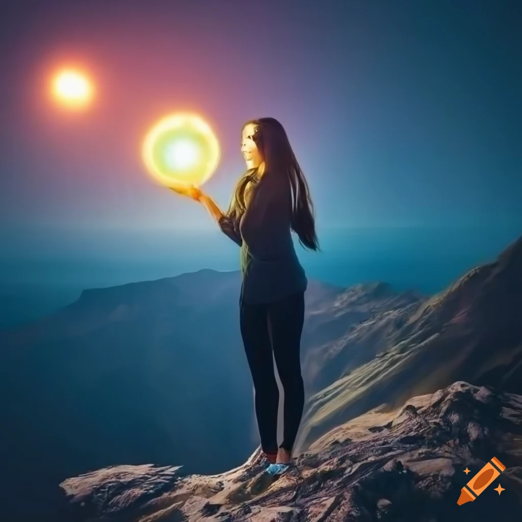 Woman holding a glowing orb on a mountain on Craiyon